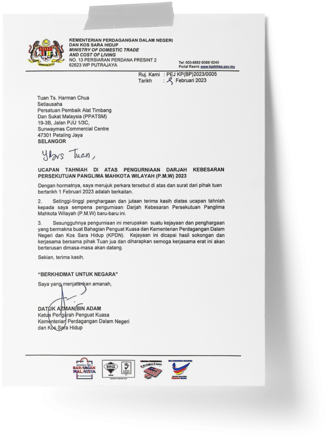 Congratulation to YBHG Datuk Azman Bin Adam – PPATSM